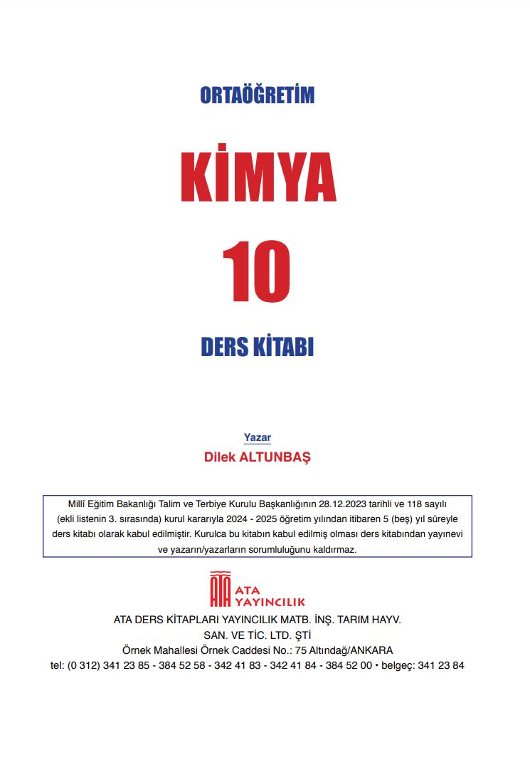 10. Sınıf Kimya Ders Kitabı Ata Yayıncılık Pdf