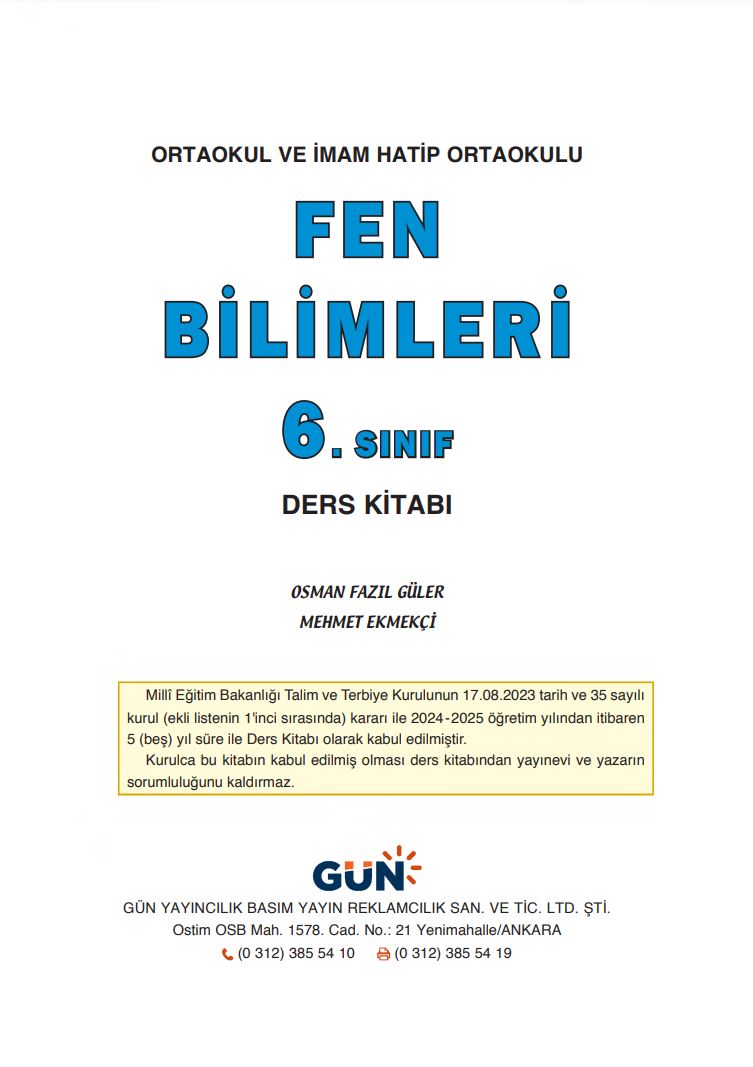6. Sınıf Fen Bilimleri Ders Kitabı Gün Yayıncılık Pdf