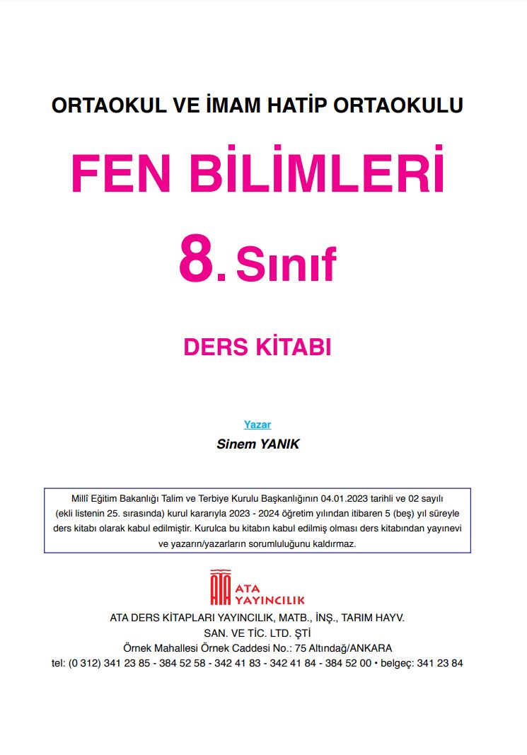 8. Sınıf Fen Bilimleri Ders Kitabı Ata Yayıncılık Pdf