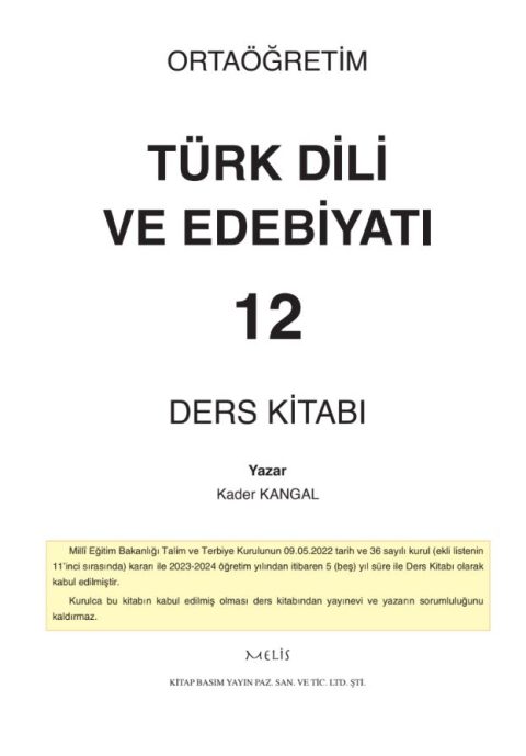 12. Sınıf Türk Dili ve Edebiyatı Ders Kitabı Melis Yayıncılık Pdf